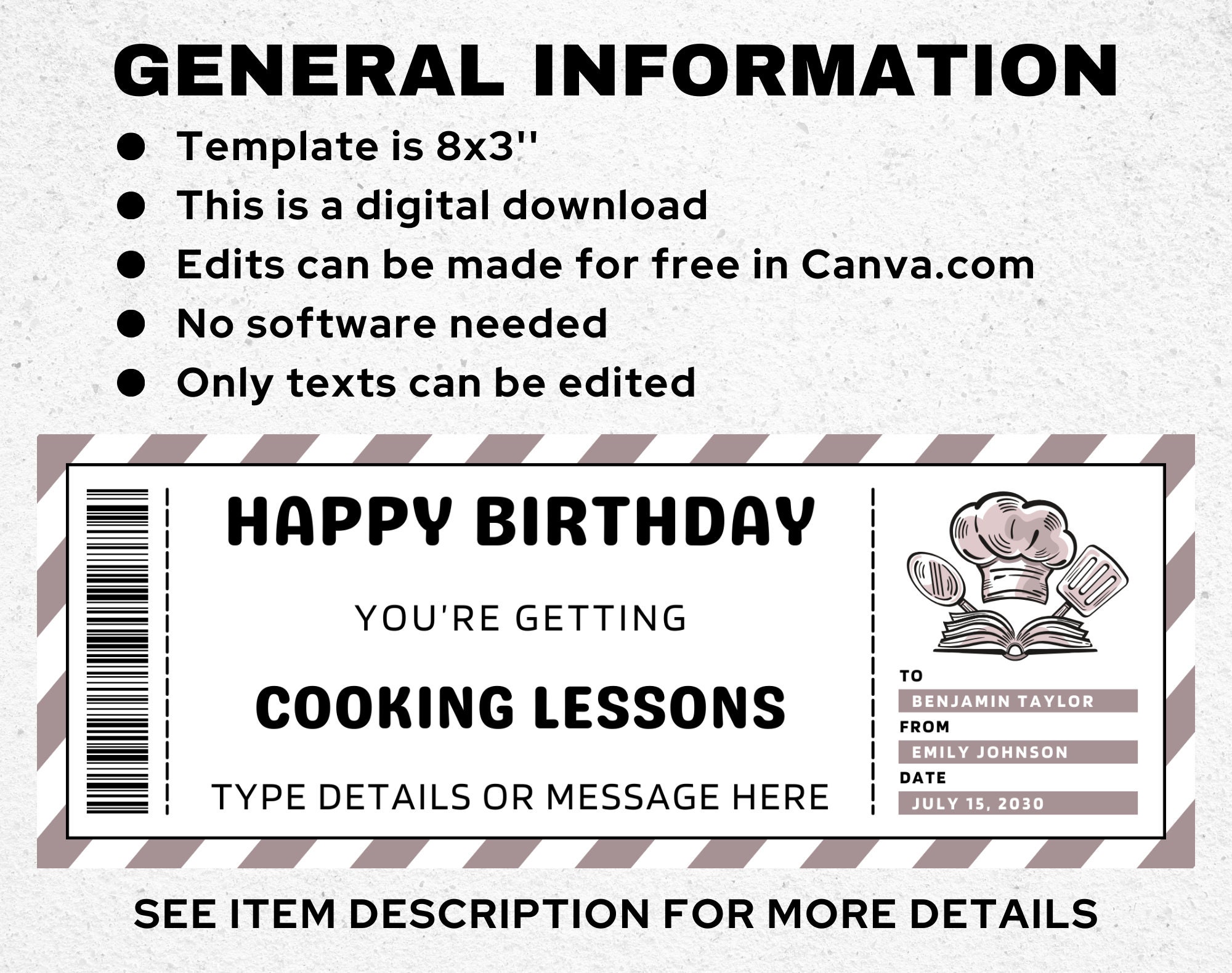 Birthday Cooking Lessons Gift Voucher Ticket Template - Surprise Cooking Lessons Coupon ...