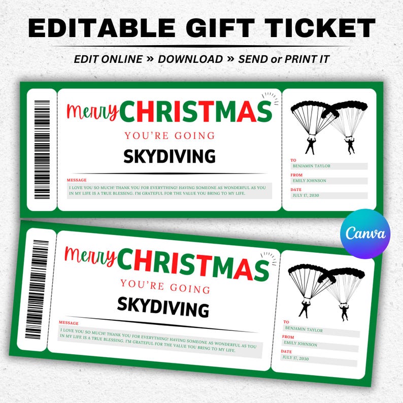 Editable Christmas Skydiving Gift Ticket Template Christmas Surprise ...
