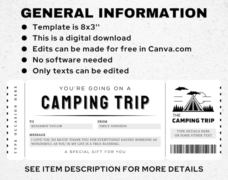 Camping Trip Gift Voucher Template Editable Camping Ticket Template ...