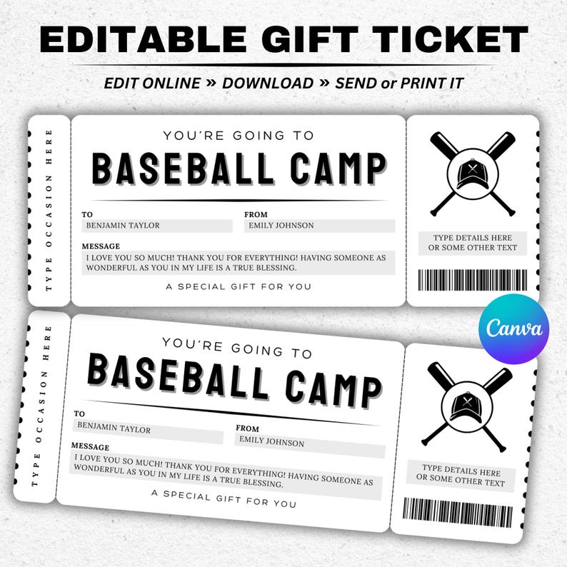 Baseball Camp Gift Voucher Template Editable Baseball Lessons Ticket ...