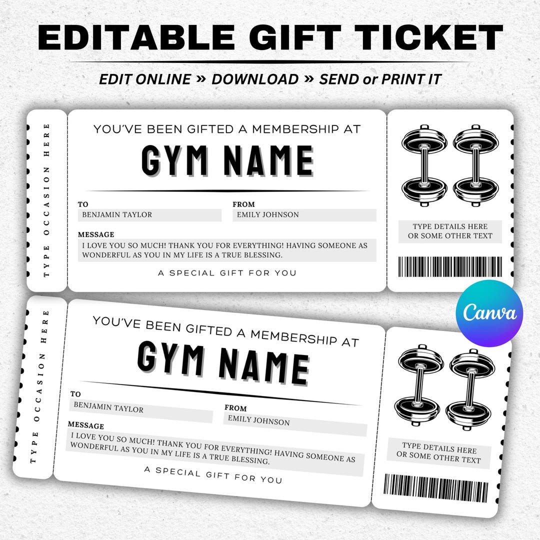 Gym Membership Gift Voucher Template Editable Gym Ticket Template ...