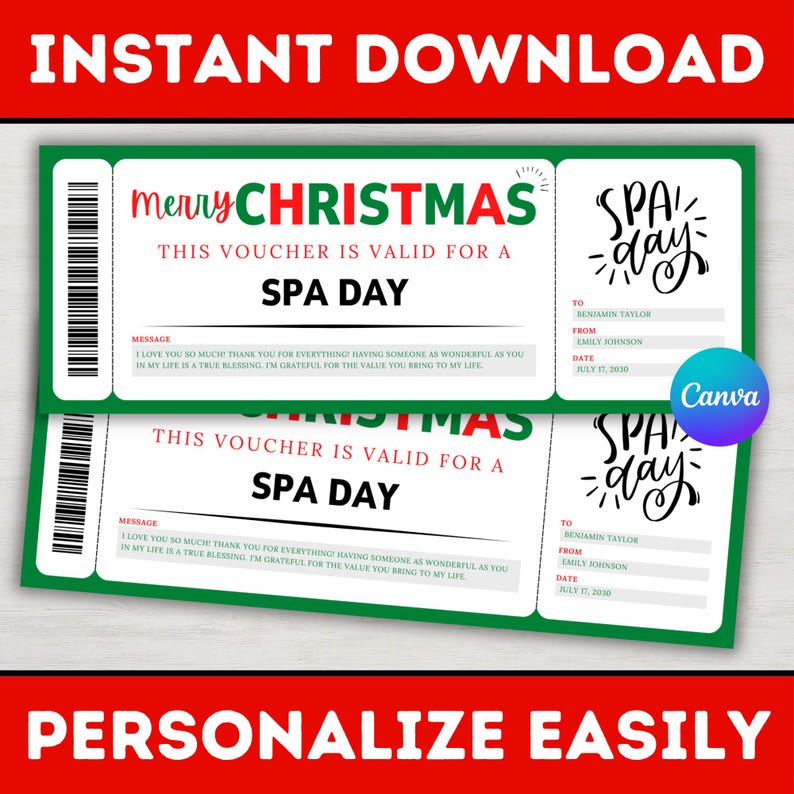 Editable Christmas Spa Day Gift Ticket Template Christmas Surprise Spa ...