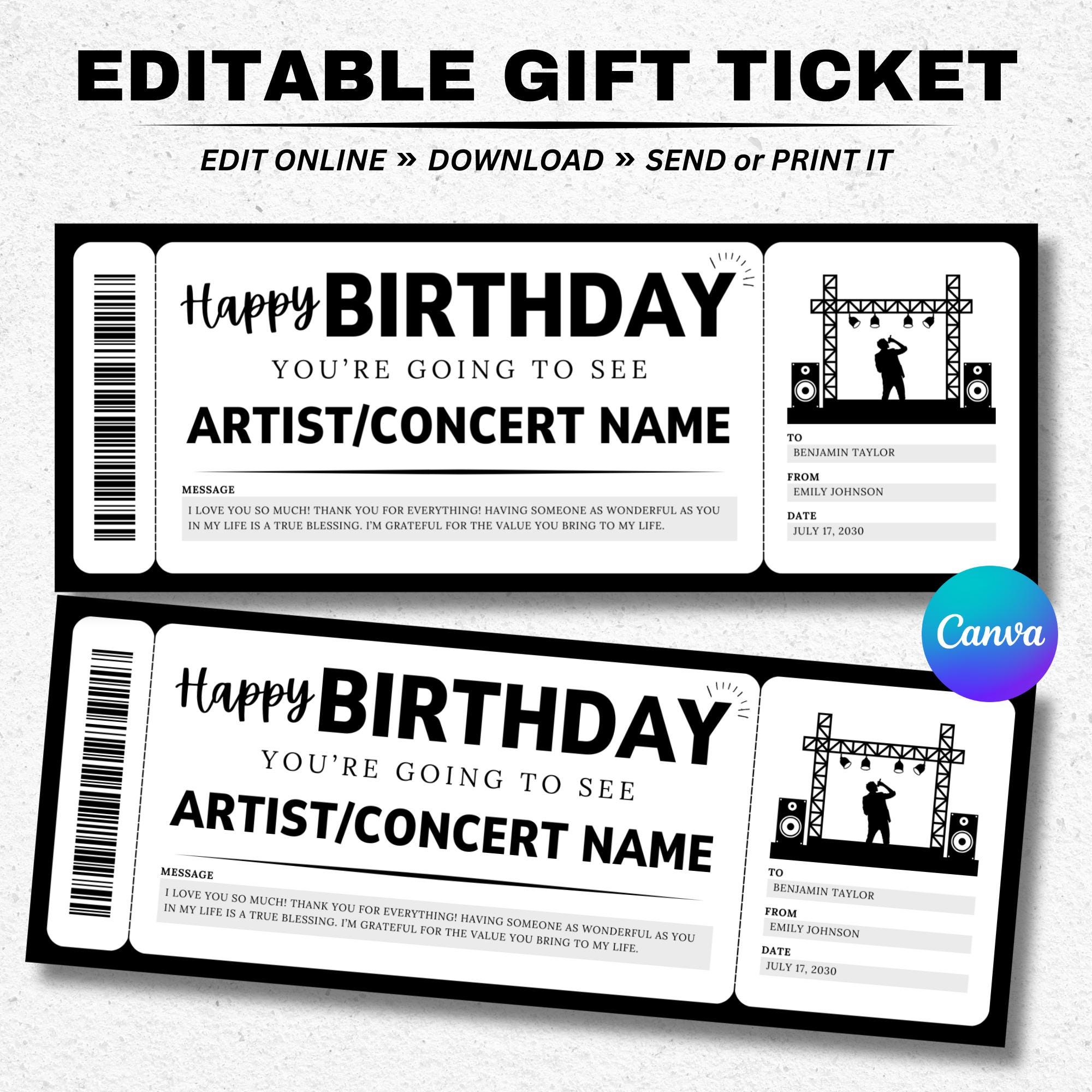 Editable Birthday Concert Gift Ticket Template - Surprise Concert ...