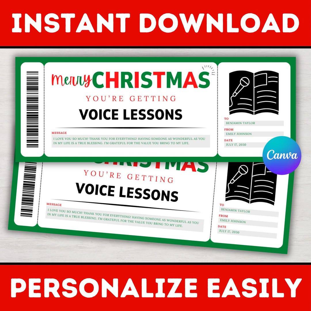 Editable Christmas Voice Lessons Gift Ticket Template - Christmas ...