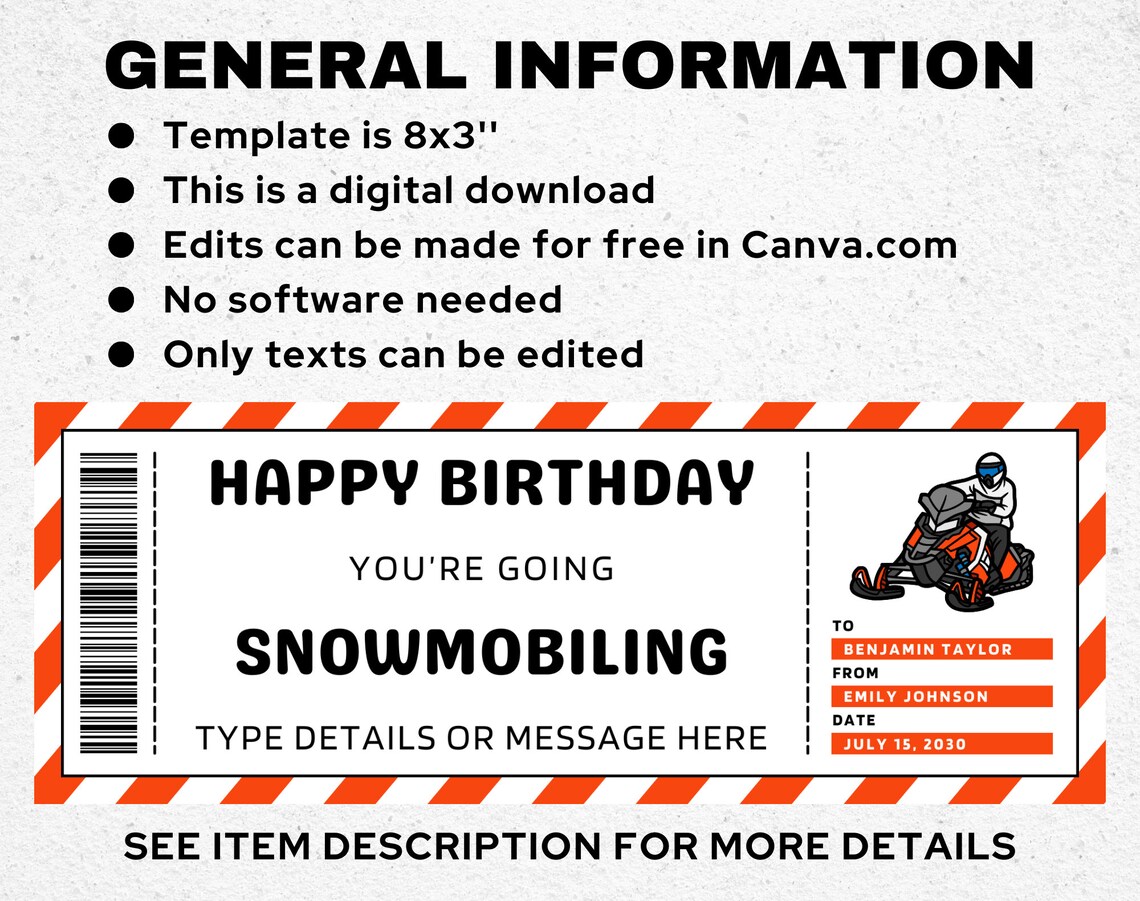 Birthday Snowmobile Gift Voucher Ticket Template Surprise Snowmobiling ...