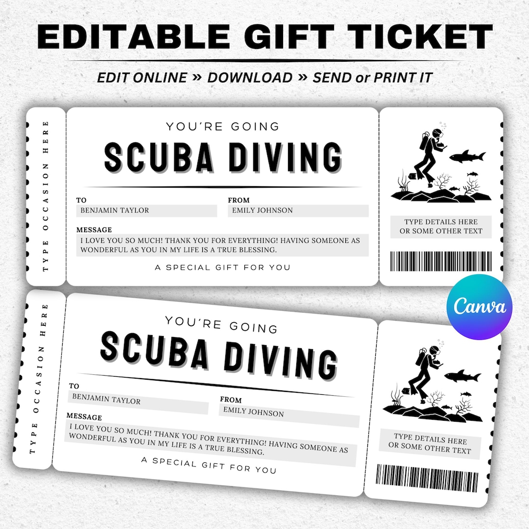 Scuba Diving Gift Voucher Template Editable Scuba Ticket Template ...
