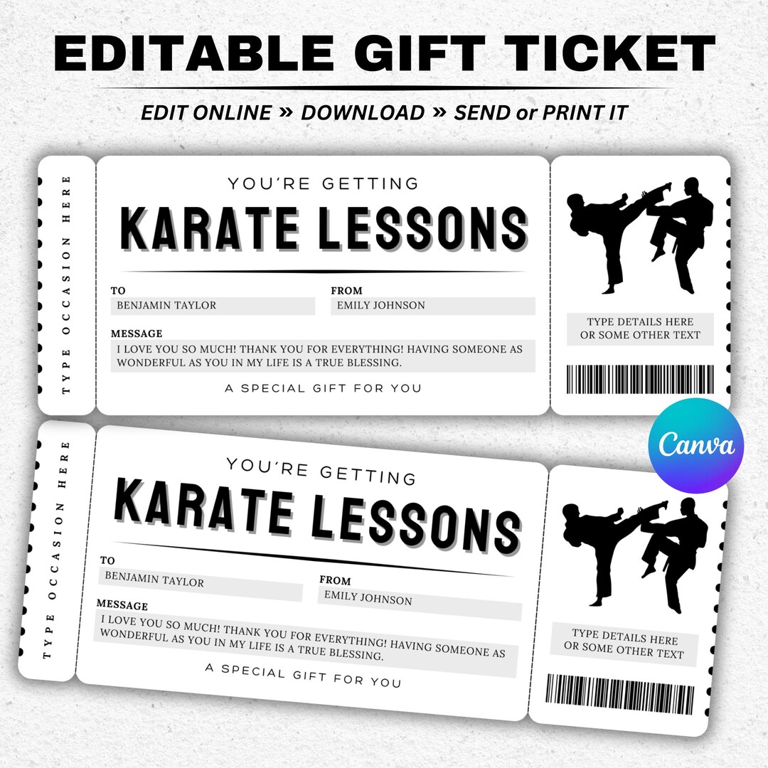 Karate Lessons Gift Voucher Template Editable Karate Class Ticket ...