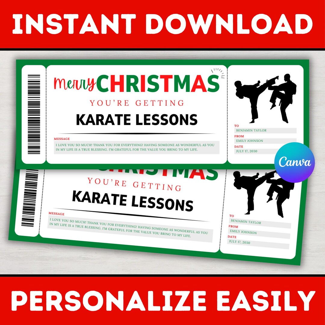Editable Christmas Karate Lessons Gift Ticket Template - Christmas ...