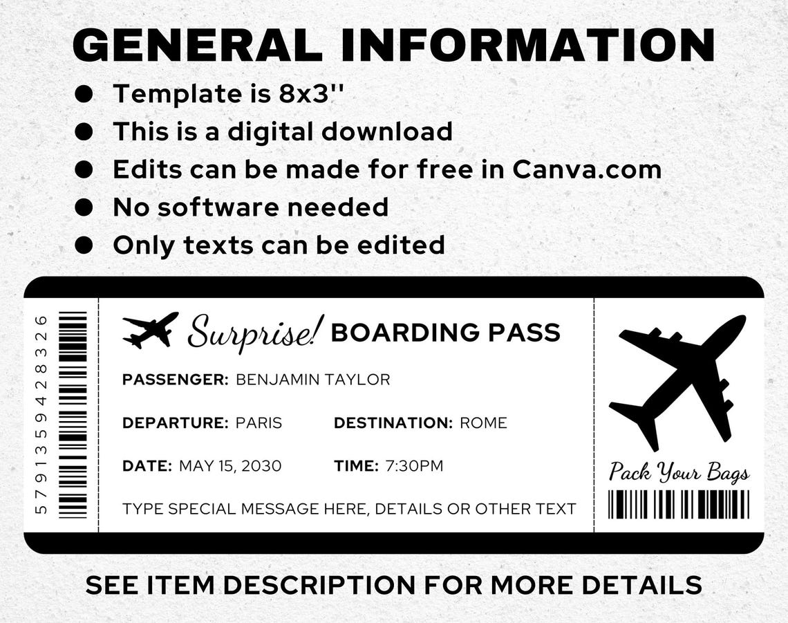 Editable Boarding Pass Template, Printable Boarding Ticket ...
