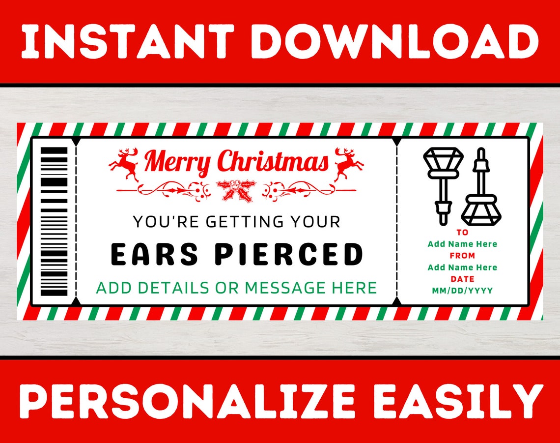 Christmas Ear Piercing Gift Voucher Ticket Template Surprise Ear ...