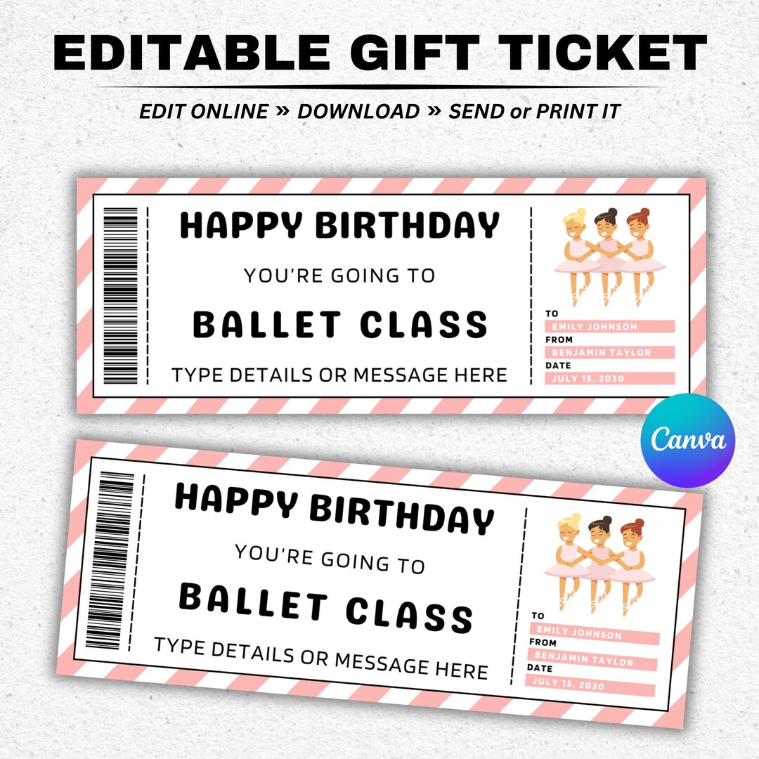 Birthday Ballet Class Gift Voucher Ticket Template - Surprise Dance ...