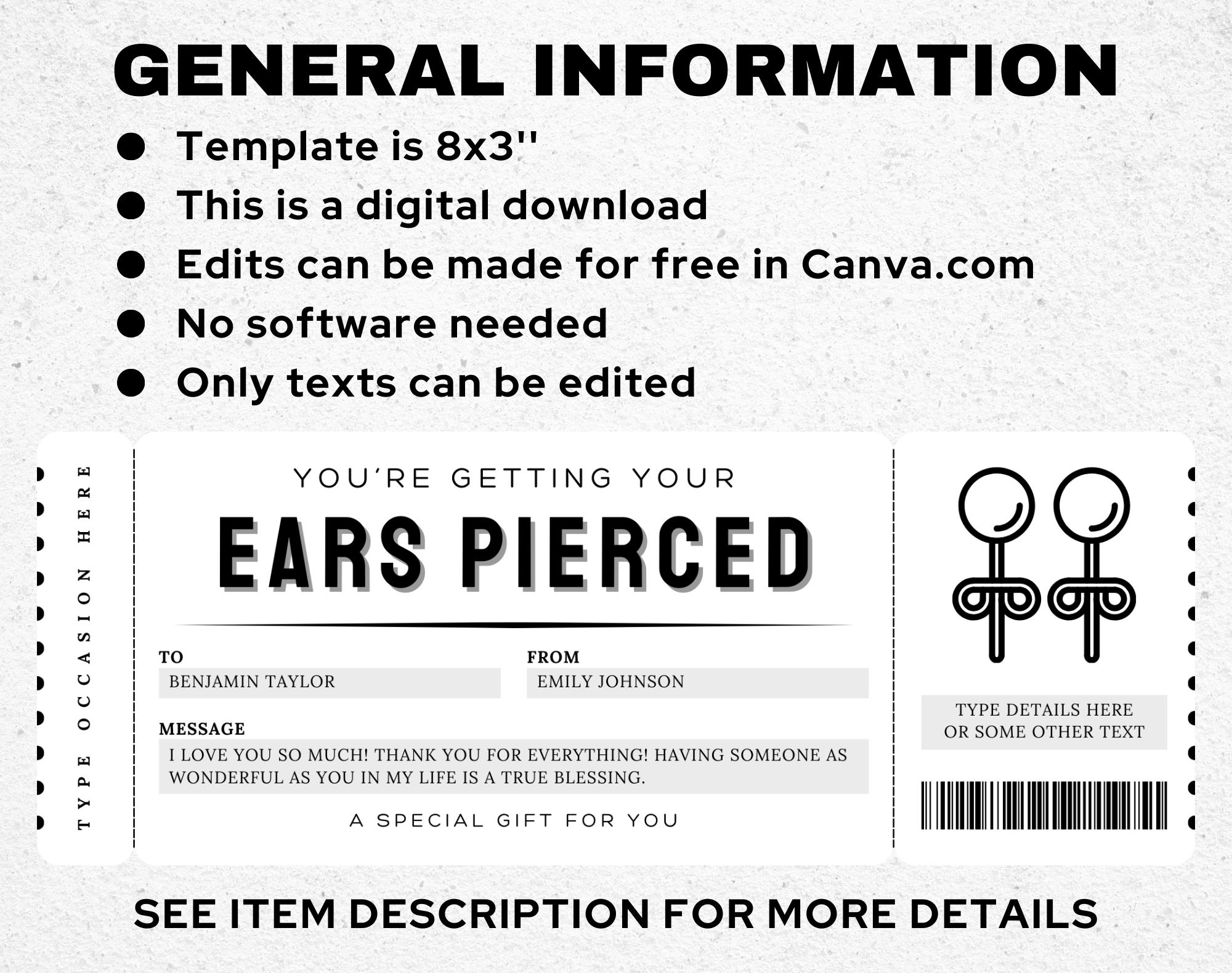 Ear Piercing Gift Voucher Template, Editable Ears Pierced Ticket ...