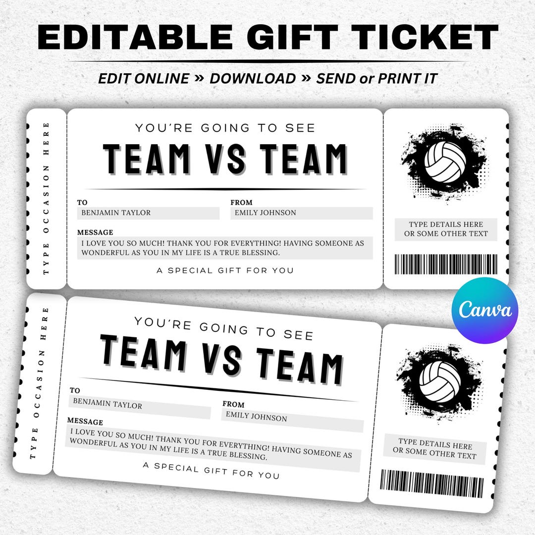 Volleyball Game Gift Voucher Template Editable Volleyball Ticket ...