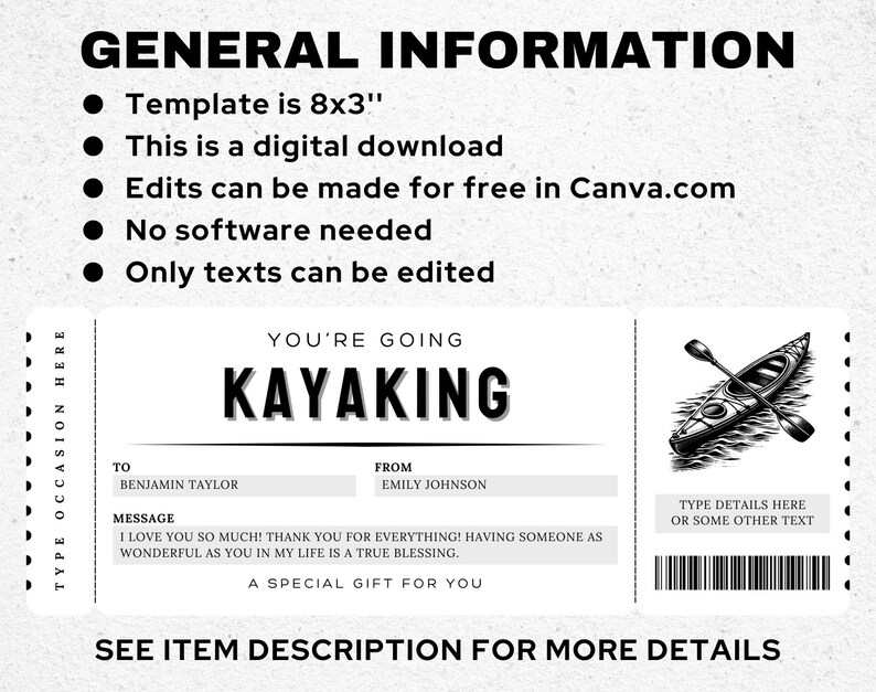 Kayaking Gift Voucher Template Editable Kayak Ticket Template Printable ...