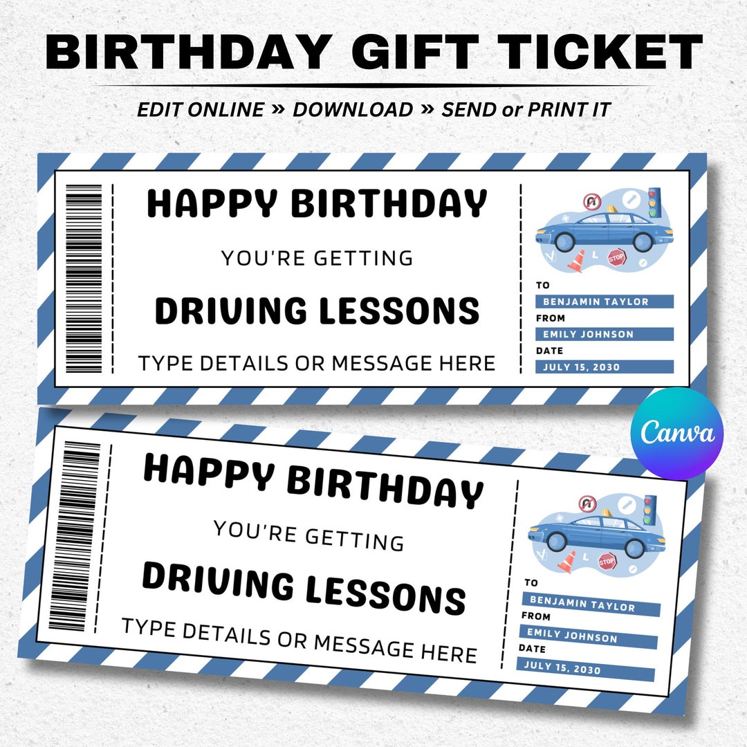 Birthday Driving Lessons Gift Voucher Ticket Template Surprise Learn to ...