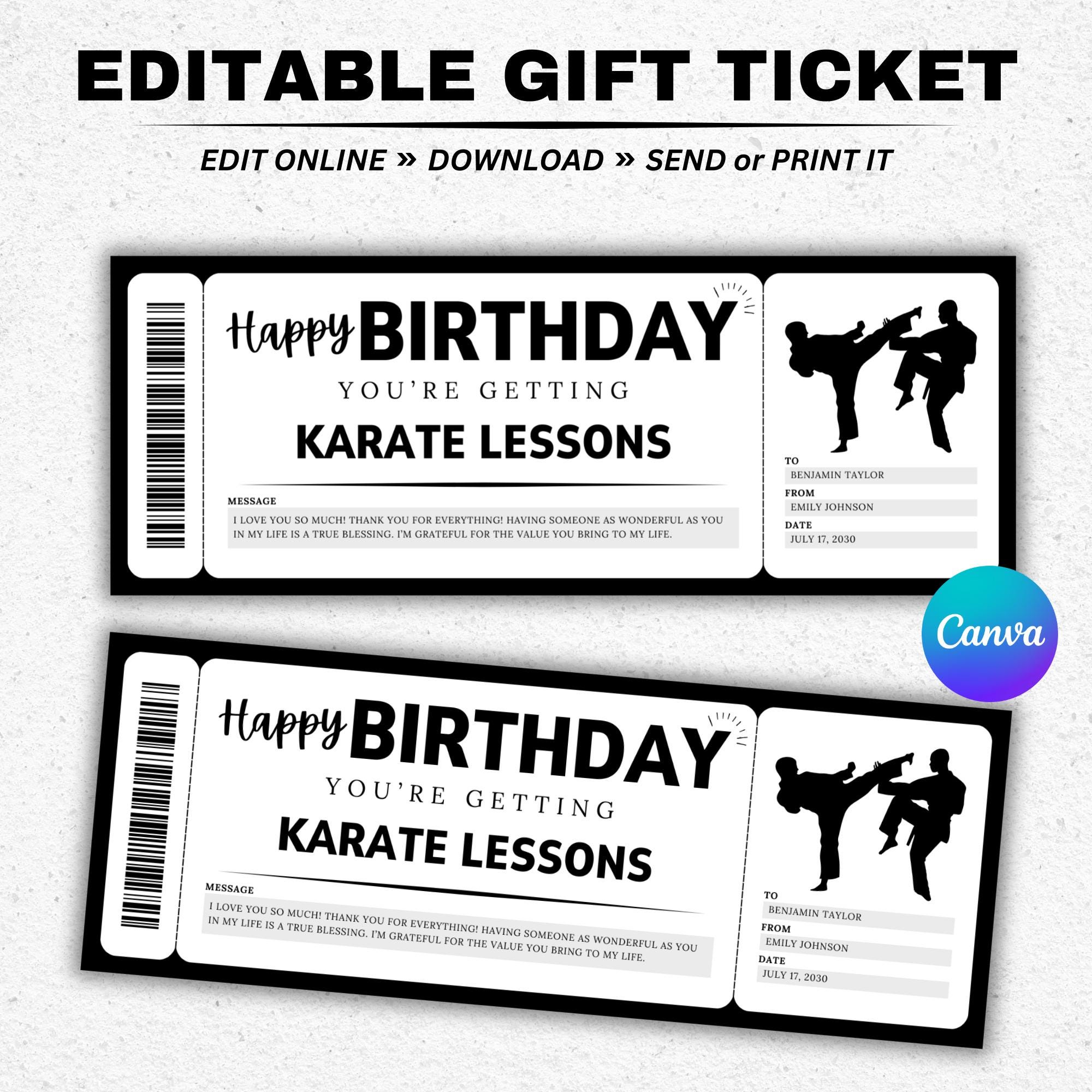 Editable Birthday Karate Lessons Gift Ticket Template Surprise Karate ...