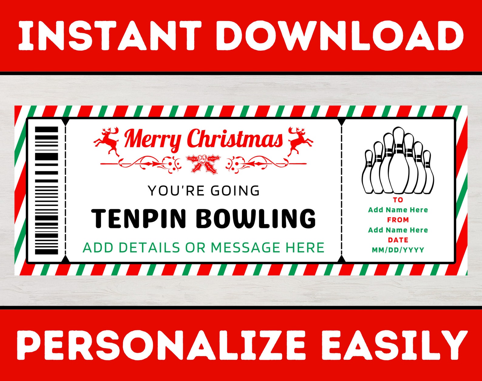 Christmas Tenpin Bowling Gift Voucher Ticket Template - Surprise Ten ...