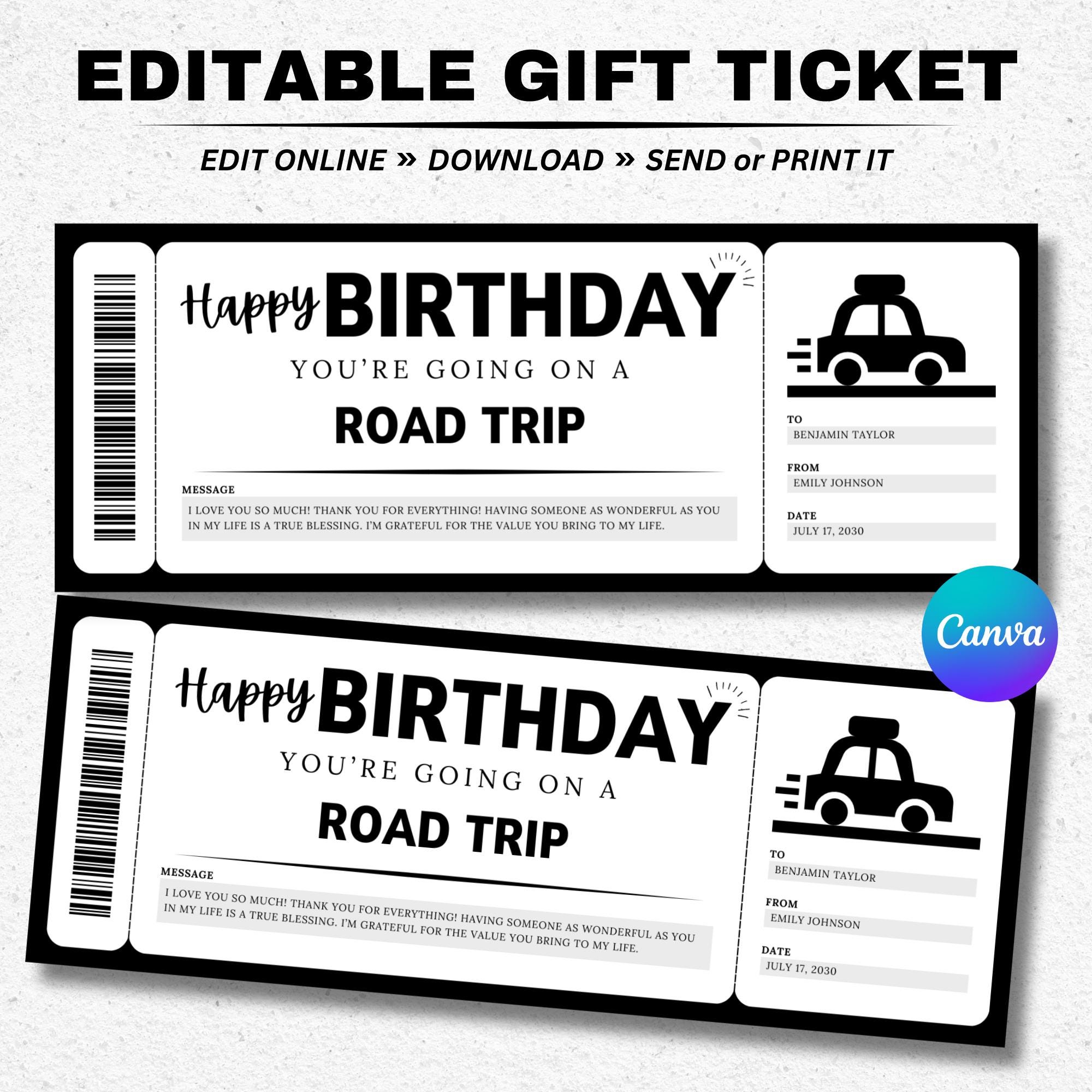 Editable Birthday Road Trip Gift Ticket Template - Surprise Weekend ...