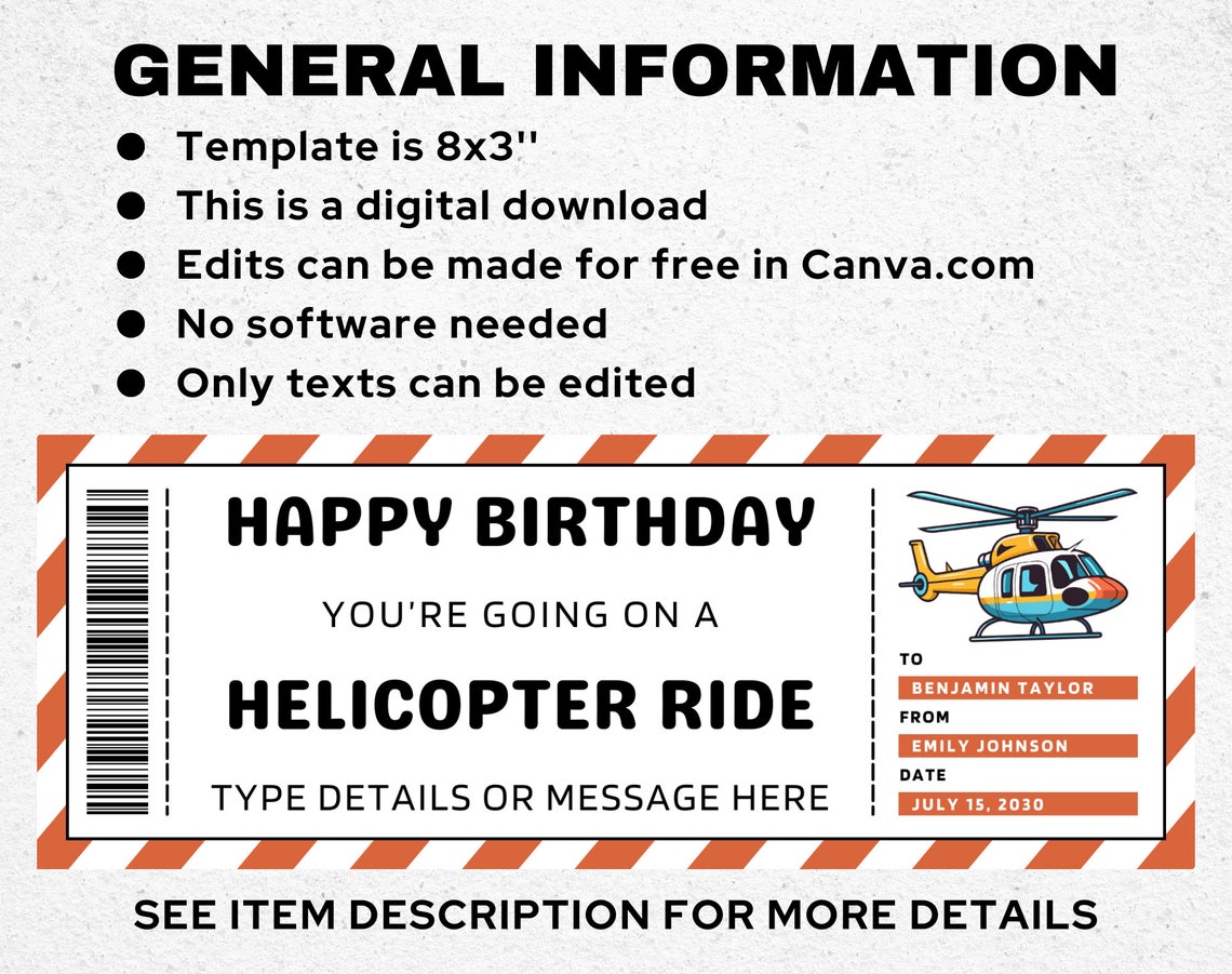 Birthday Helicopter Ride Gift Voucher Ticket Template - Surprise ...