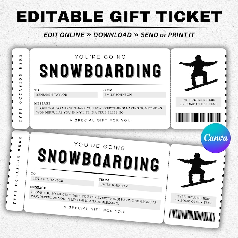 Snowboarding Gift Voucher Template - Editable Snowboard Ticket Template ...