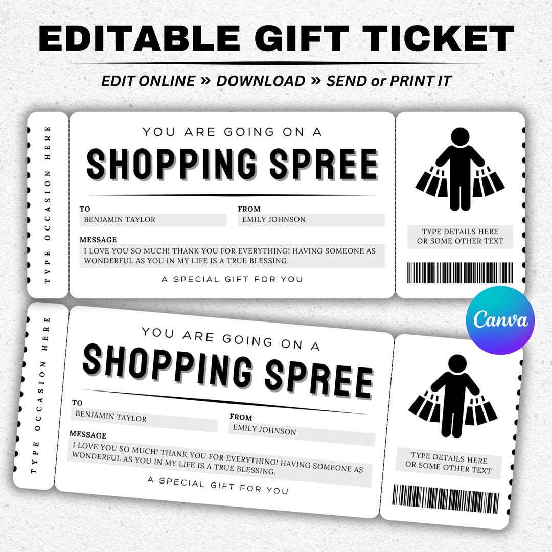 Shopping Spree Gift Voucher Template Editable Shopping Ticket Template ...