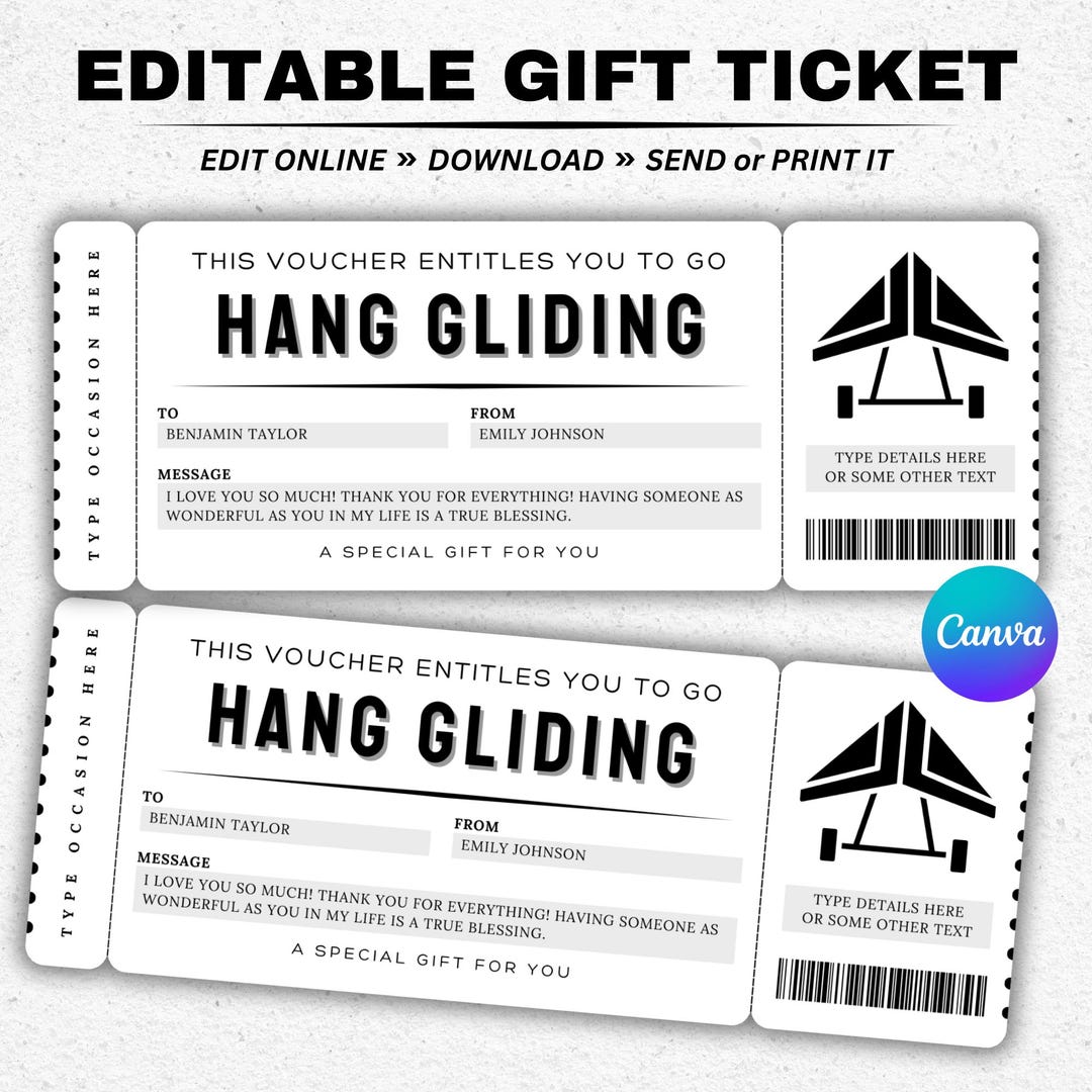Hang Gliding Gift Voucher Template, Editable Hang Glider Ticket ...