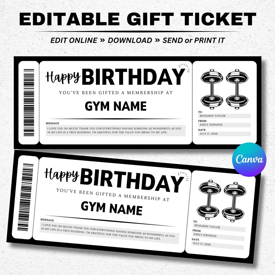 Editable Birthday Gym Membership Gift Ticket Template Surprise Gym ...
