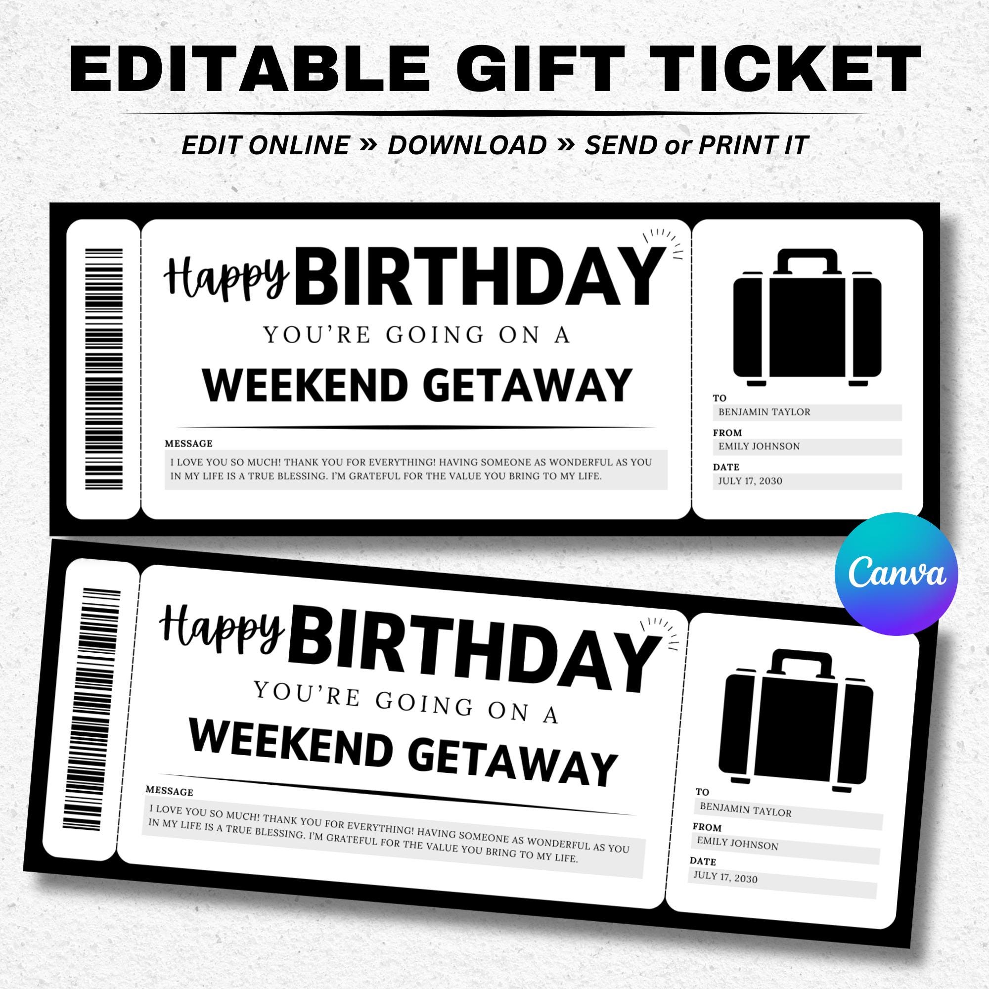 Editable Birthday Weekend Getaway Gift Ticket Template - Surprise ...