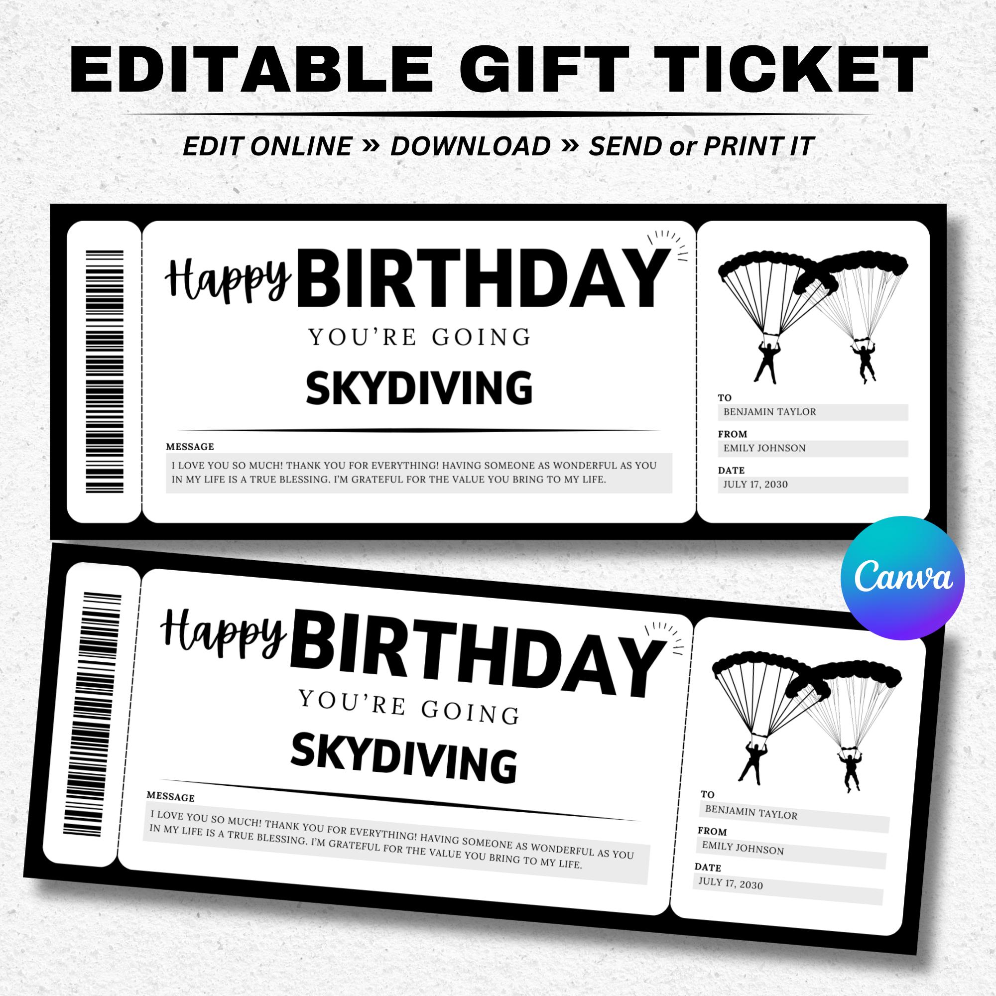 Editable Birthday Skydiving Gift Ticket Template - Surprise Parachute ...