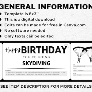 Editable Birthday Skydiving Gift Ticket Template - Surprise Parachute ...