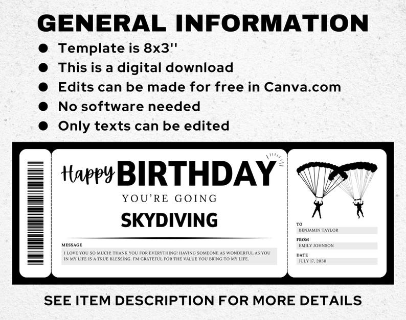 Editable Birthday Skydiving Gift Ticket Template - Surprise Parachute ...