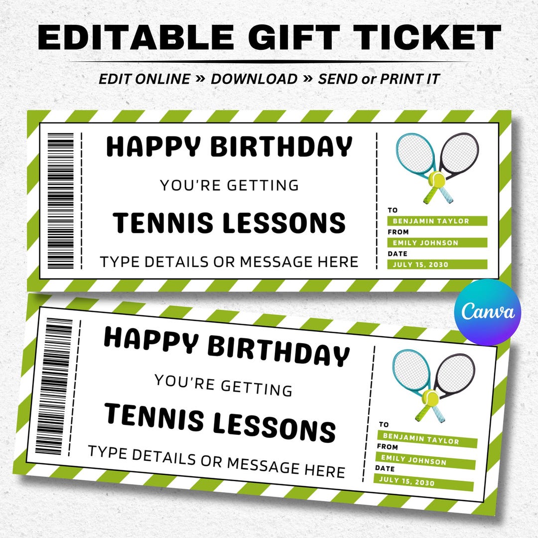 Birthday Tennis Lessons Gift Voucher Ticket Template - Surprise Tennis ...