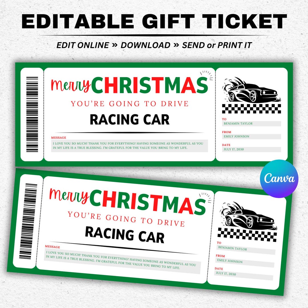 Editable Christmas Driving Racing Car Gift Ticket Template Christmas ...