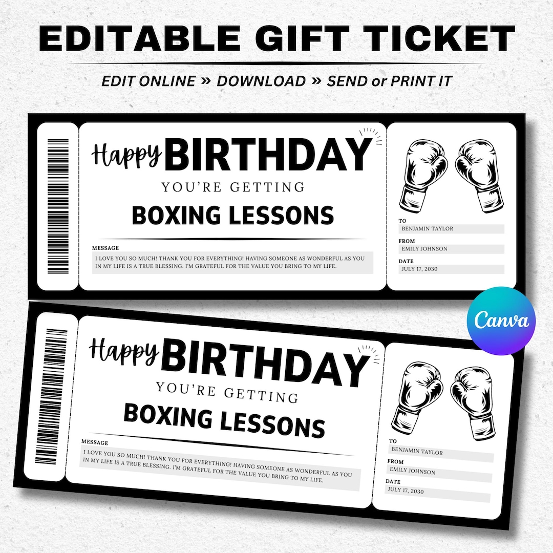 Editable Birthday Boxing Lessons Gift Ticket Template Surprise Boxing ...