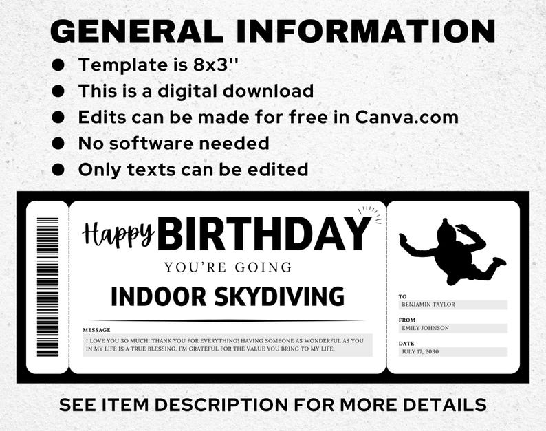 Editable Birthday Indoor Skydiving Gift Ticket Template - Surprise ...