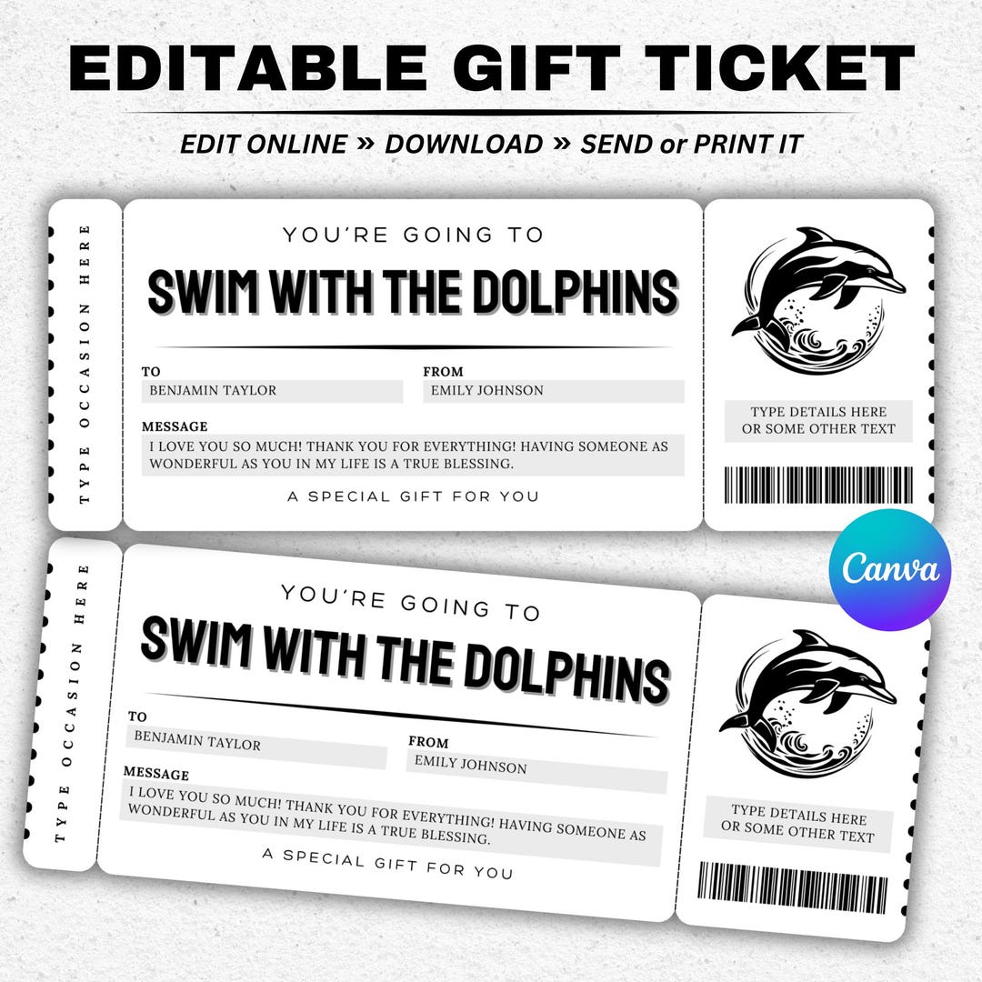 Swim With Dolphins Gift Voucher Template Editable Swimming With ...