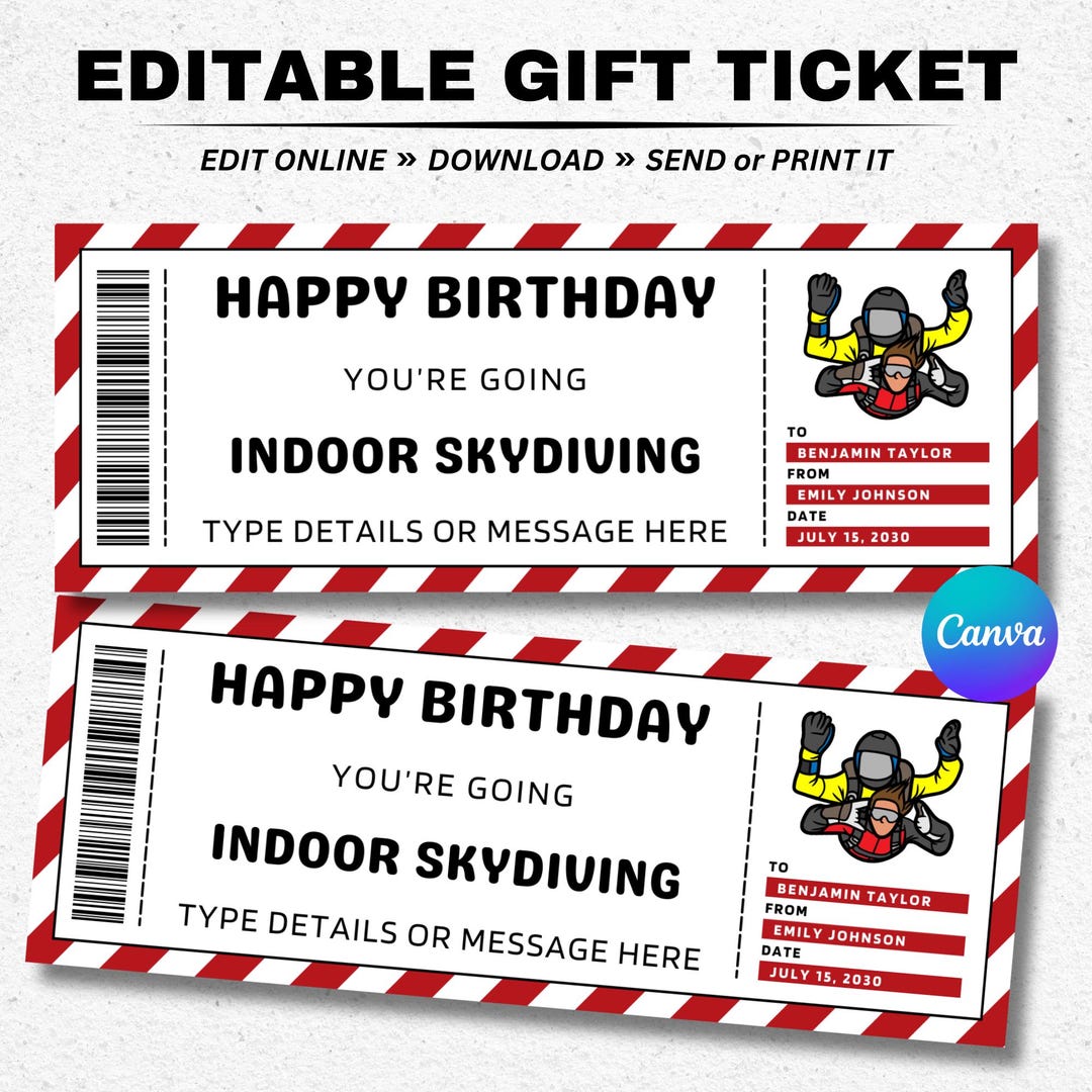 Birthday Indoor Skydiving Gift Voucher Ticket Template Surprise Indoor ...