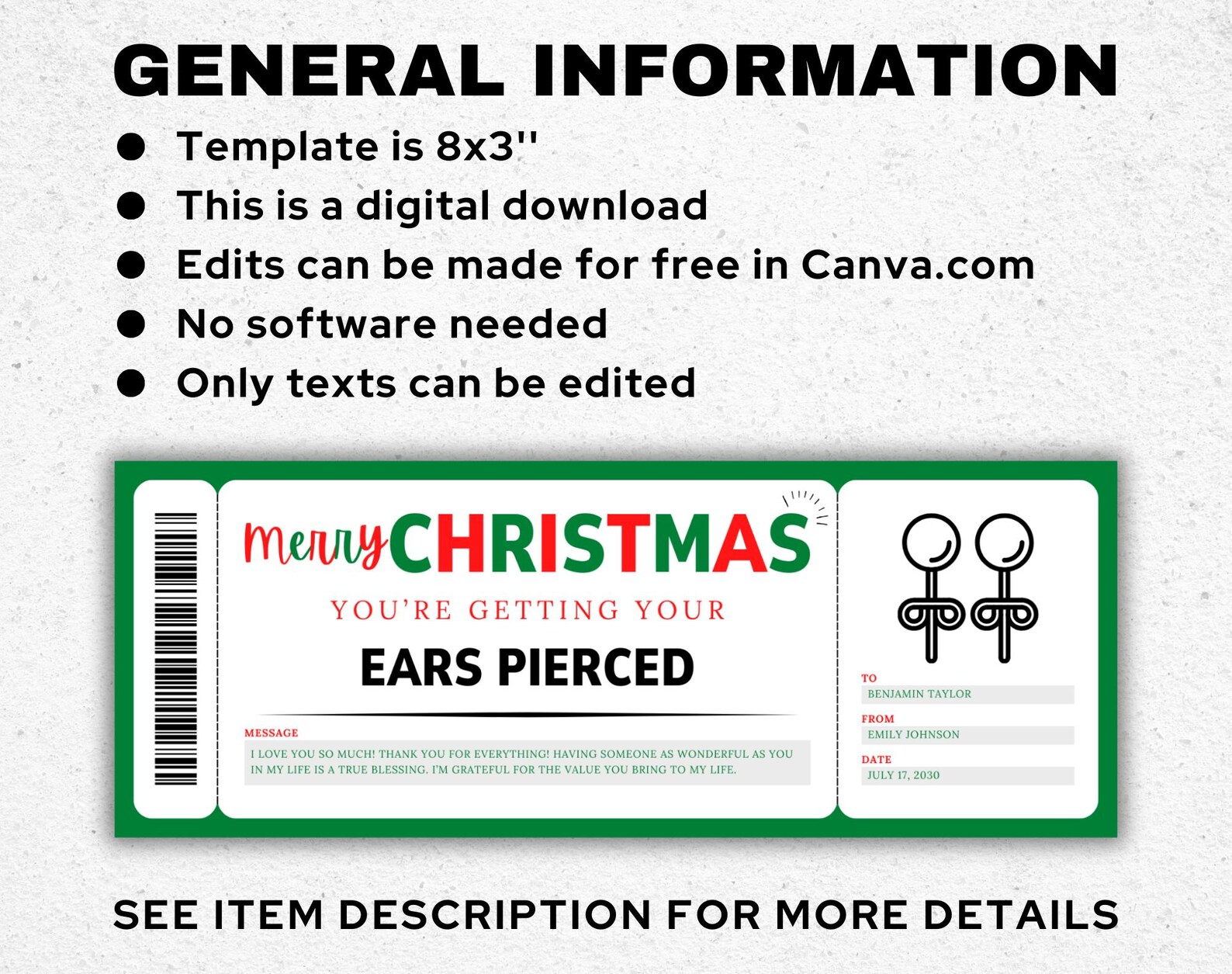 Editable Christmas Ear Piercing Gift Ticket Template Christmas Surprise ...