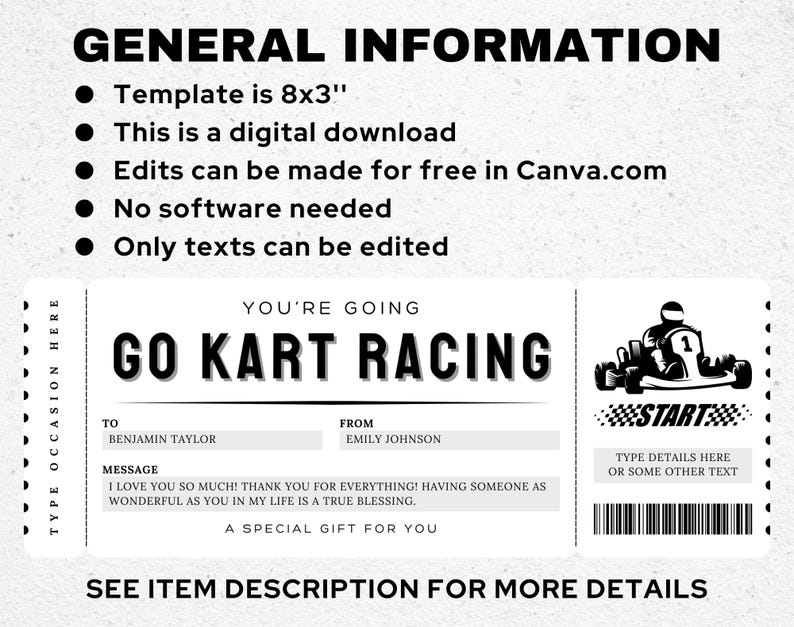 Go Kart Racing Gift Voucher Template Editable Go Kart Ticket Template ...