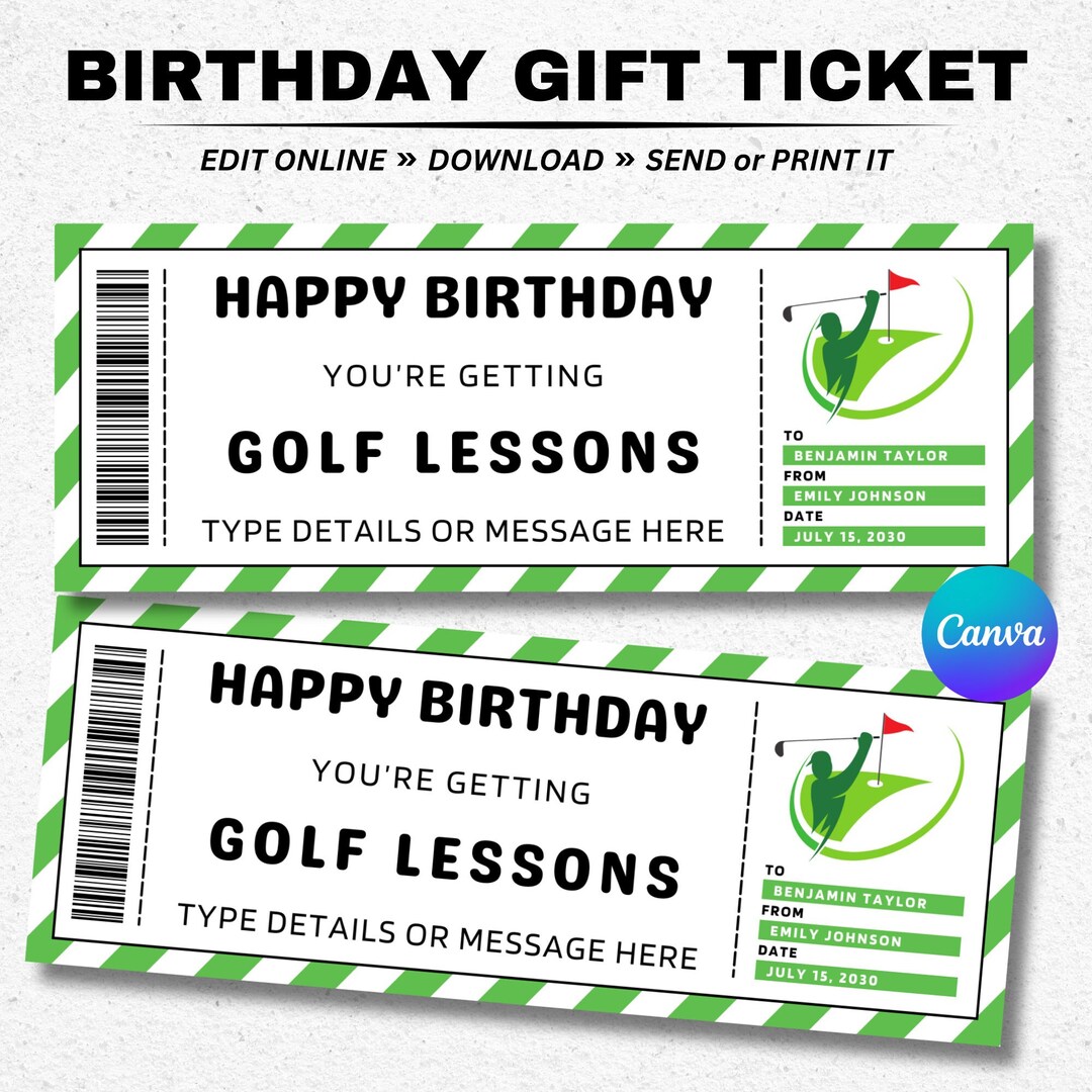Birthday Golf Lessons Gift Voucher Ticket Template Surprise Golf Camp ...