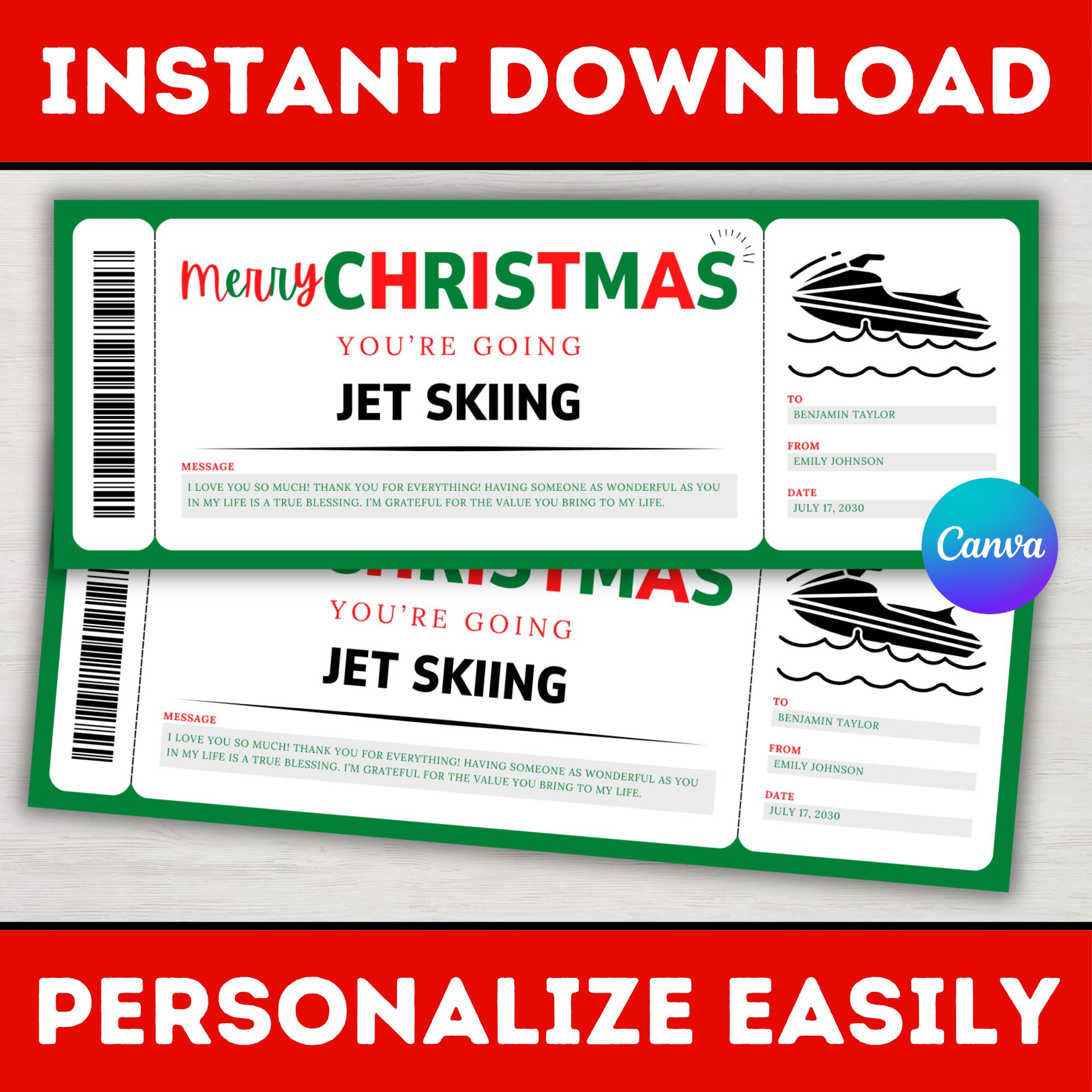Editable Christmas Jet Skiing Gift Ticket Template - Christmas Surprise ...