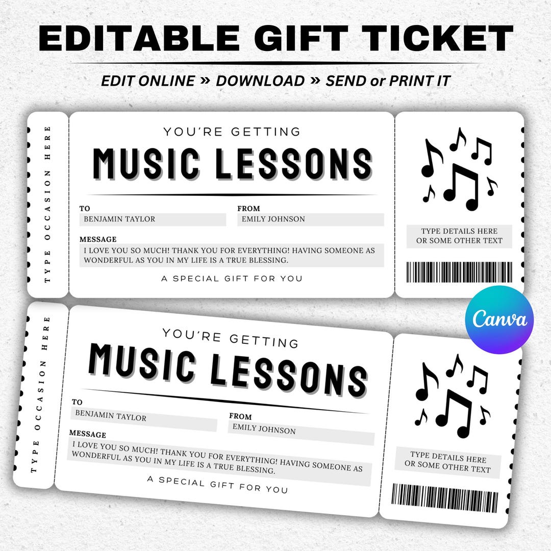 Music Lessons Gift Voucher Template - Editable Music Lessons Ticket ...