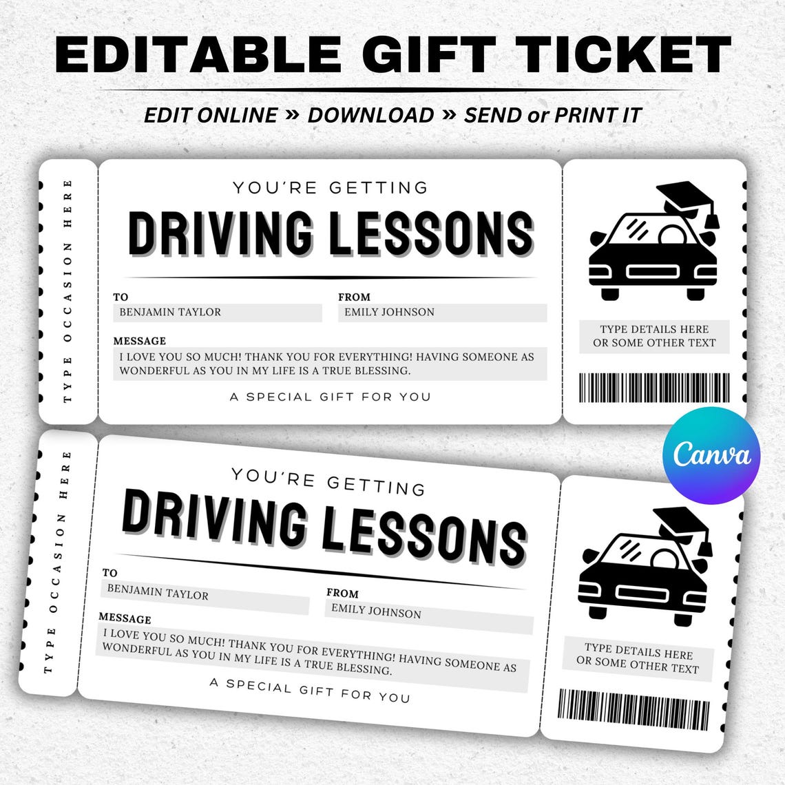 Driving Lessons Gift Voucher Template - Editable Learn to Drive Ticket ...