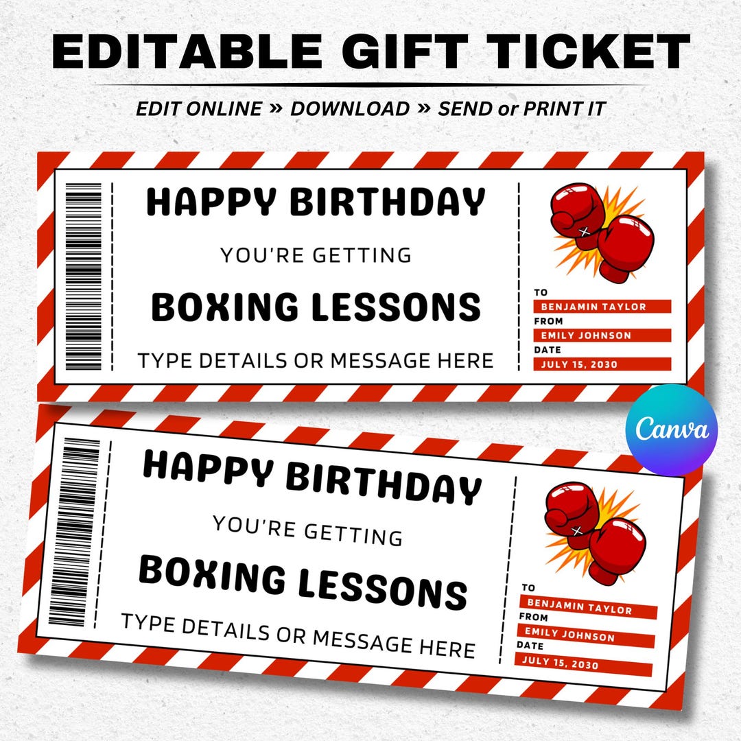 Birthday Boxing Lessons Gift Voucher Ticket Template - Surprise Boxing ...