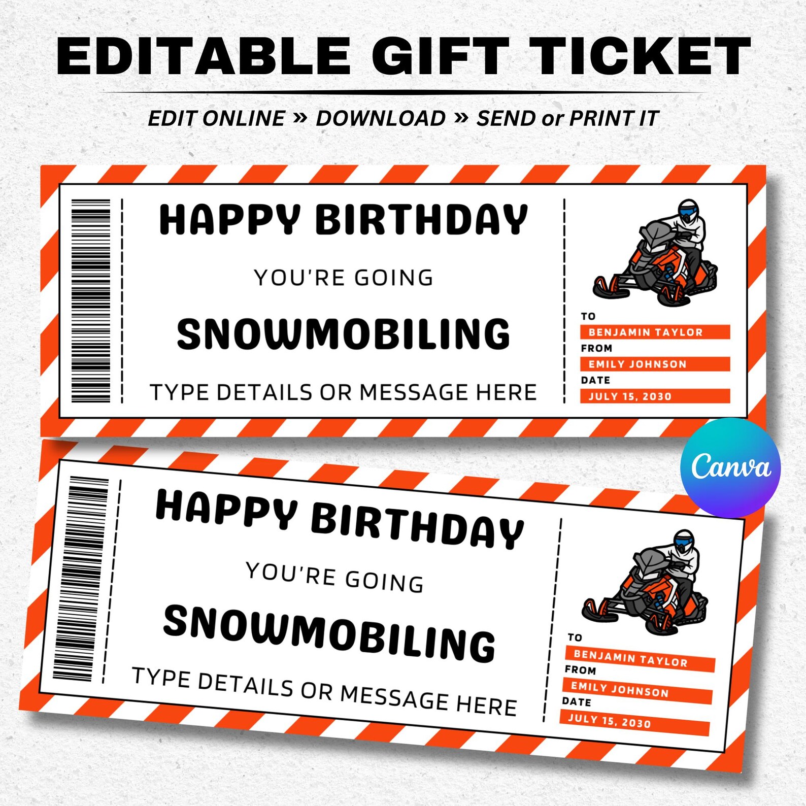 Birthday Snowmobile Gift Voucher Ticket Template Surprise Snowmobiling ...