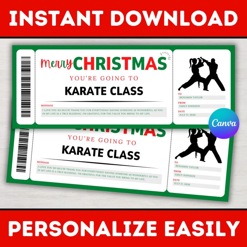 Editable Christmas Karate Class Gift Ticket Template Christmas Surprise ...