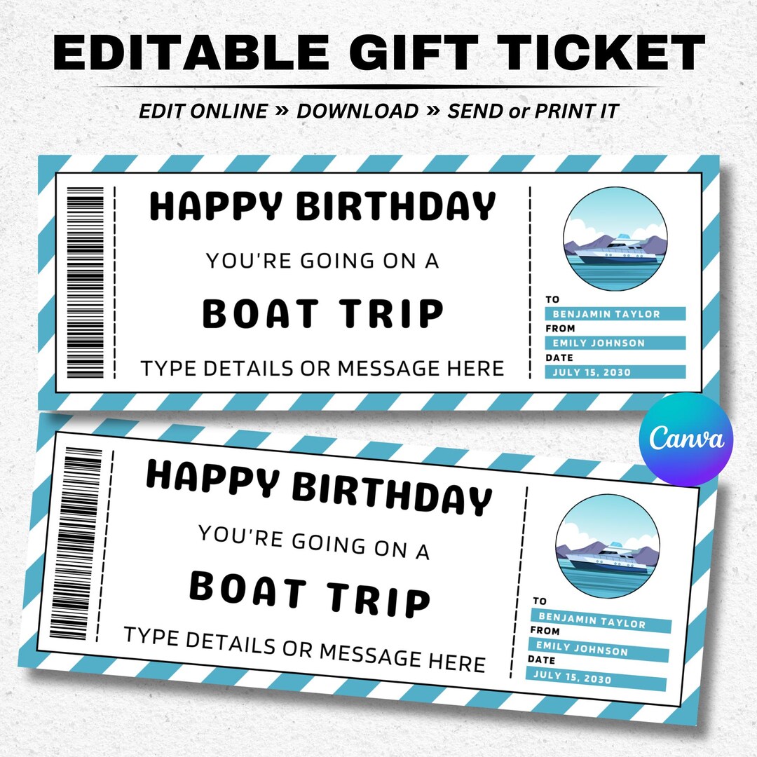Birthday Boat Trip Gift Voucher Ticket Template - Surprise Boat Trip ...