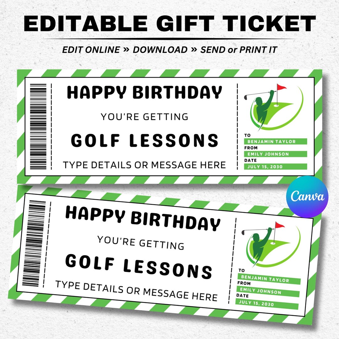 Birthday Golf Lessons Gift Voucher Ticket Template - Surprise Golf Camp ...