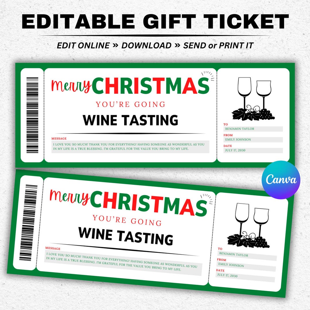 Editable Christmas Wine Tasting Gift Ticket Template Christmas Surprise ...