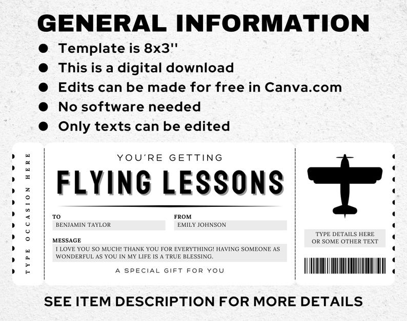 Flying Lessons Gift Voucher Template Editable Flight School Ticket ...